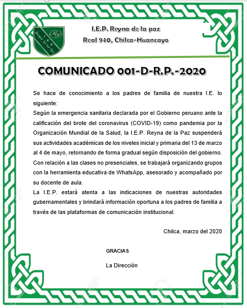 Comunicado :: I.E.P. Reyna de la Paz